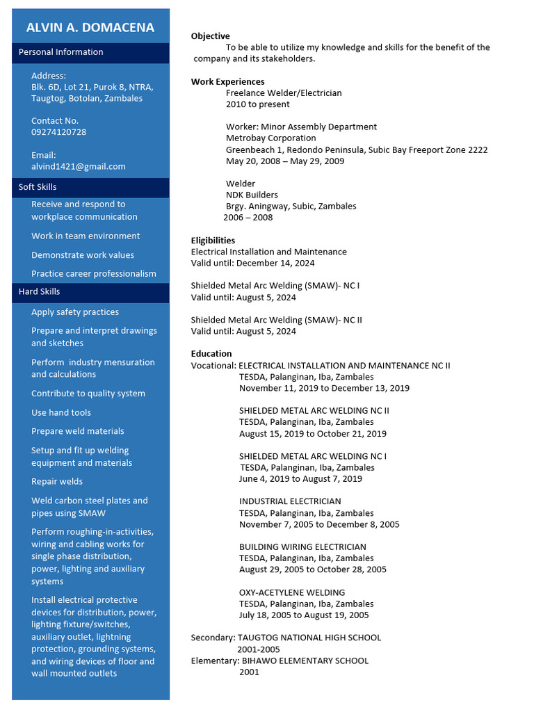 ALVIN A - Resume | Download Free PDF | Welding | Construction