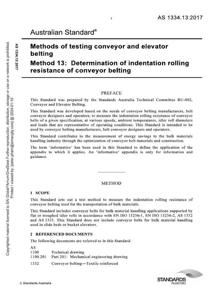 AS 1334.13-2017 Methods of testing conveyor and elevator belting | PDF