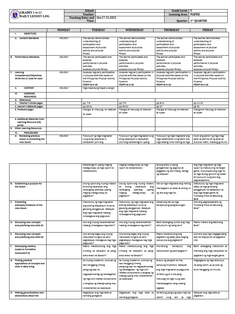 DLL MAPEH-5 Q1 W9-Reteach | PDF | Learning | Teachers