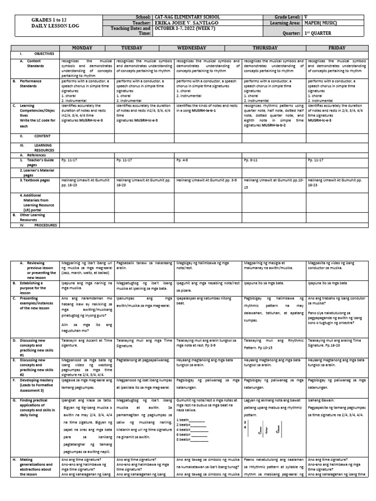 DLL-MAPEH-5-Q1W7 | PDF | Rhythm | Learning