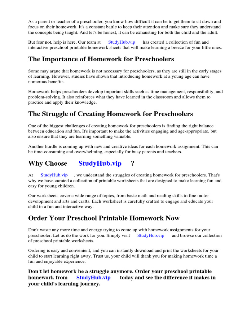 Homework Preschool Printable | PDF | Preschool | Worksheet