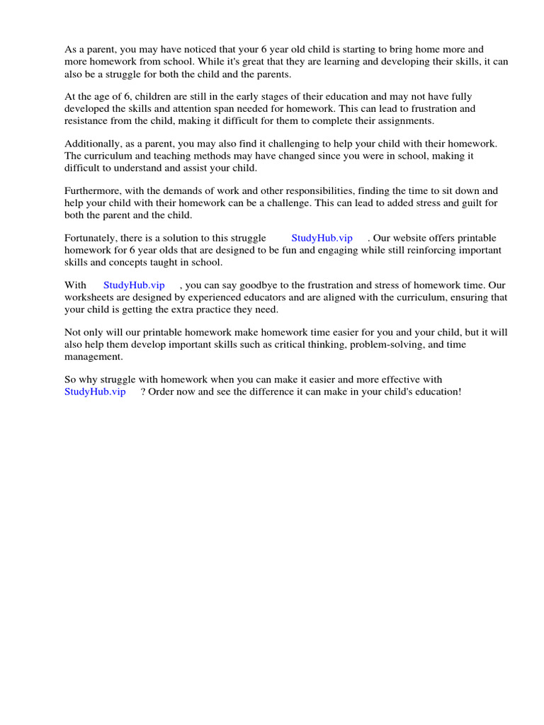 Printable Homework for 6 Year Olds | PDF | Homework | Worksheet