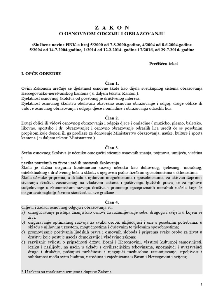 ZAKON O OSNOVNOM ODGOJU I OBRAZOVANJU (Prečišćen Tekst) | PDF