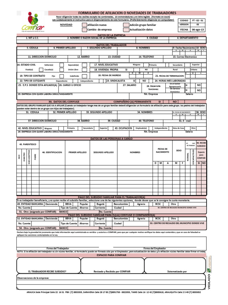 Formulario Afiliacion Trabajadores Version 05 | PDF