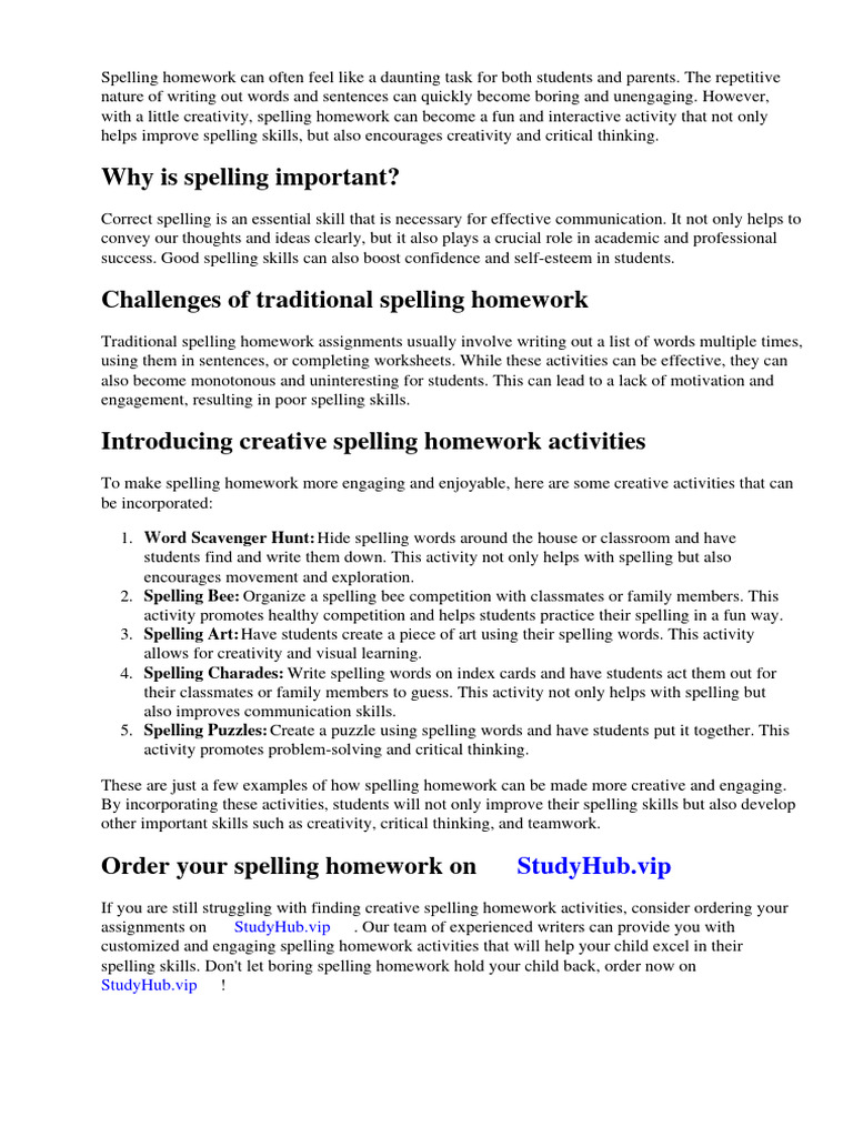 Creative Spelling Homework Activities | Download Free PDF | Homework ...