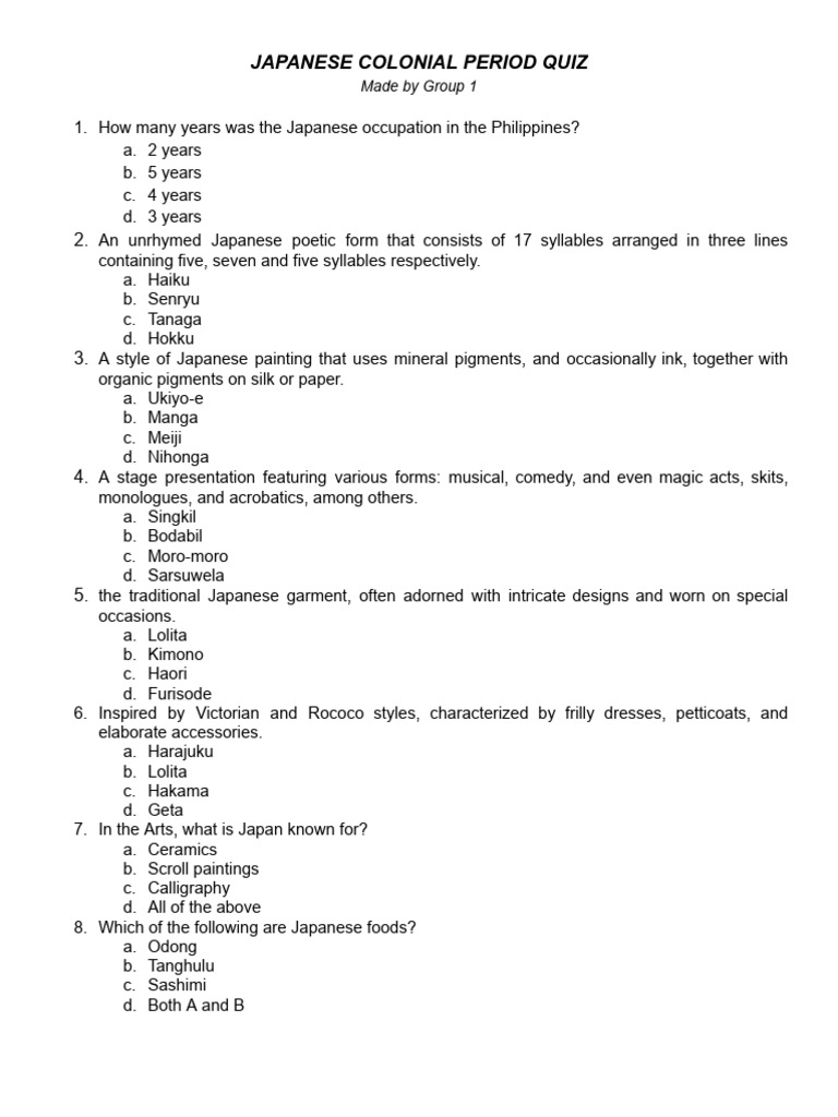 Japanese Colonial Period Quiz | PDF | Japan