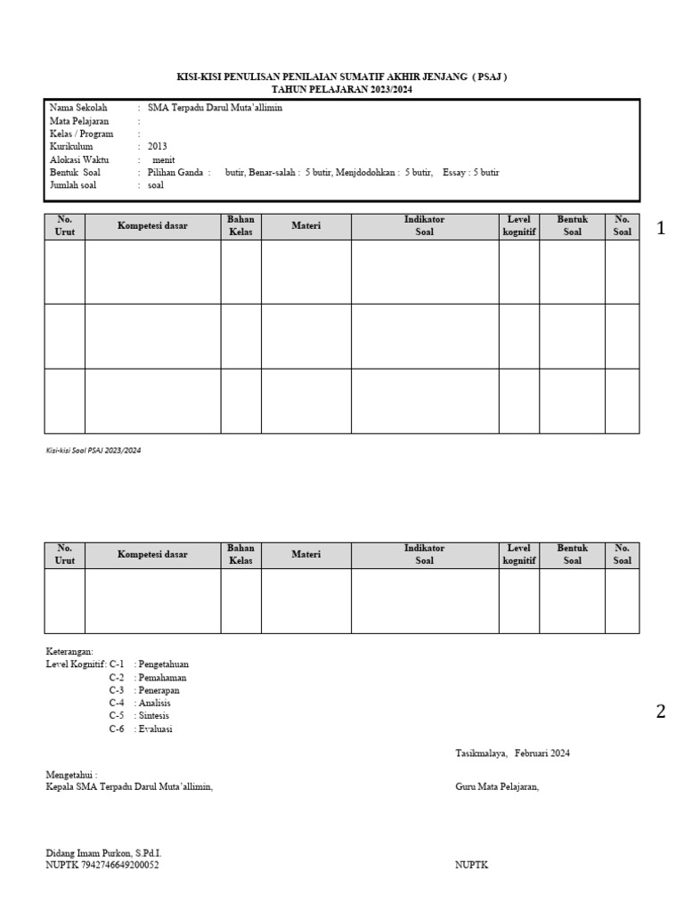 Format Kisi Kisi Psaj 2024 | PDF