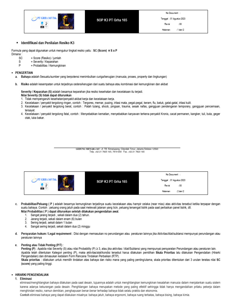 SOP K3 PT Grha 165 (Manajemen Gedung Menara 165) | PDF