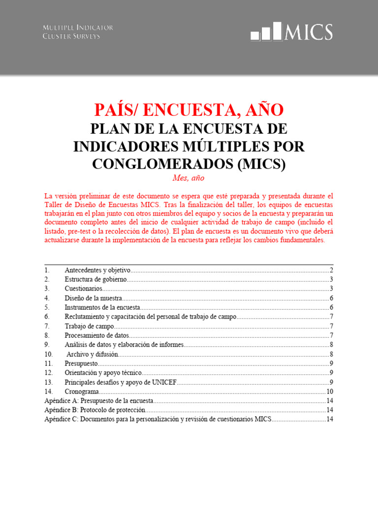 MICS Survey Plan Template 20210327_SP | PDF | Metodología de encuesta | Cuestionario