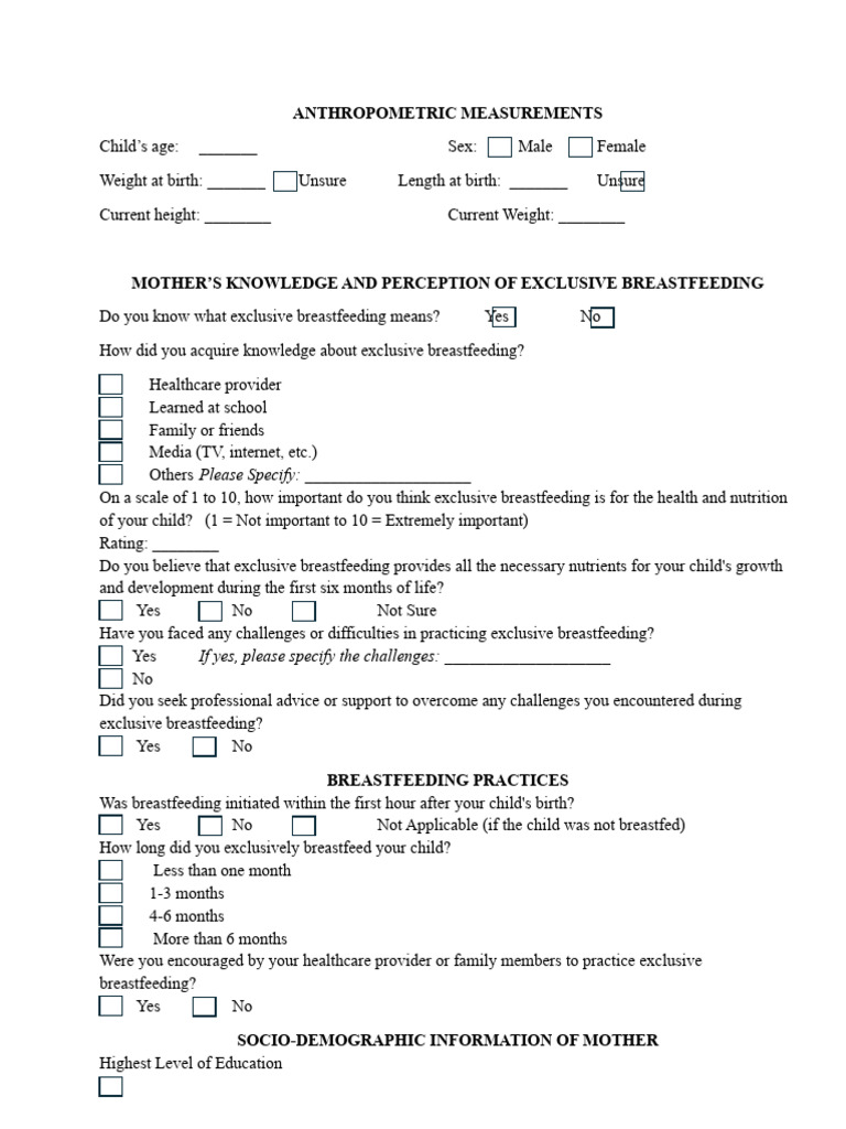 QUESTIONNAIRE TEMPLATE | PDF | Breastfeeding | Human Development