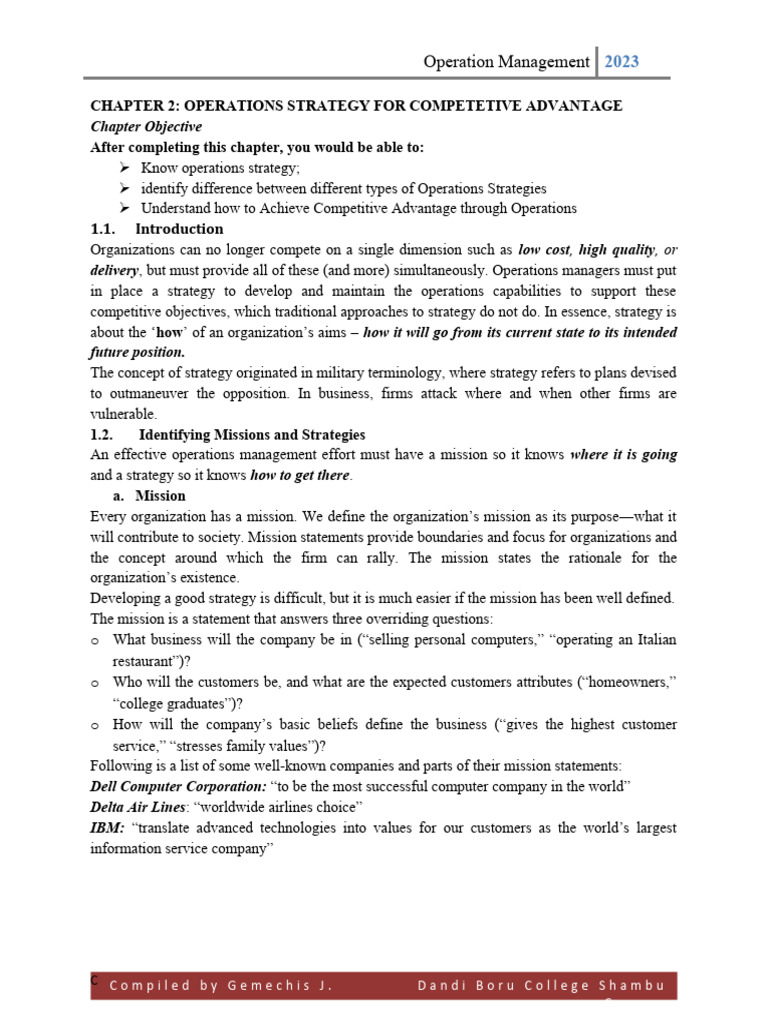 OM Chapter 2 Lecture Note Final 1 | Download Free PDF | Competitive Advantage | Strategic Management