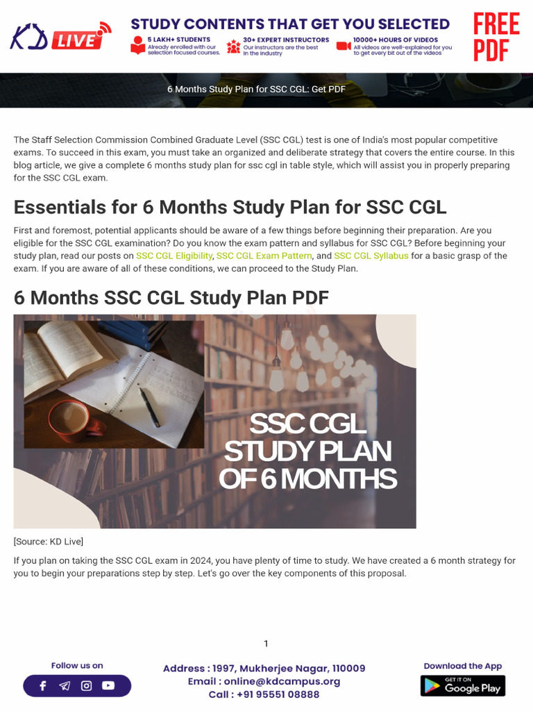 6 Months Study Plan For SSC CGL Get PDF | PDF