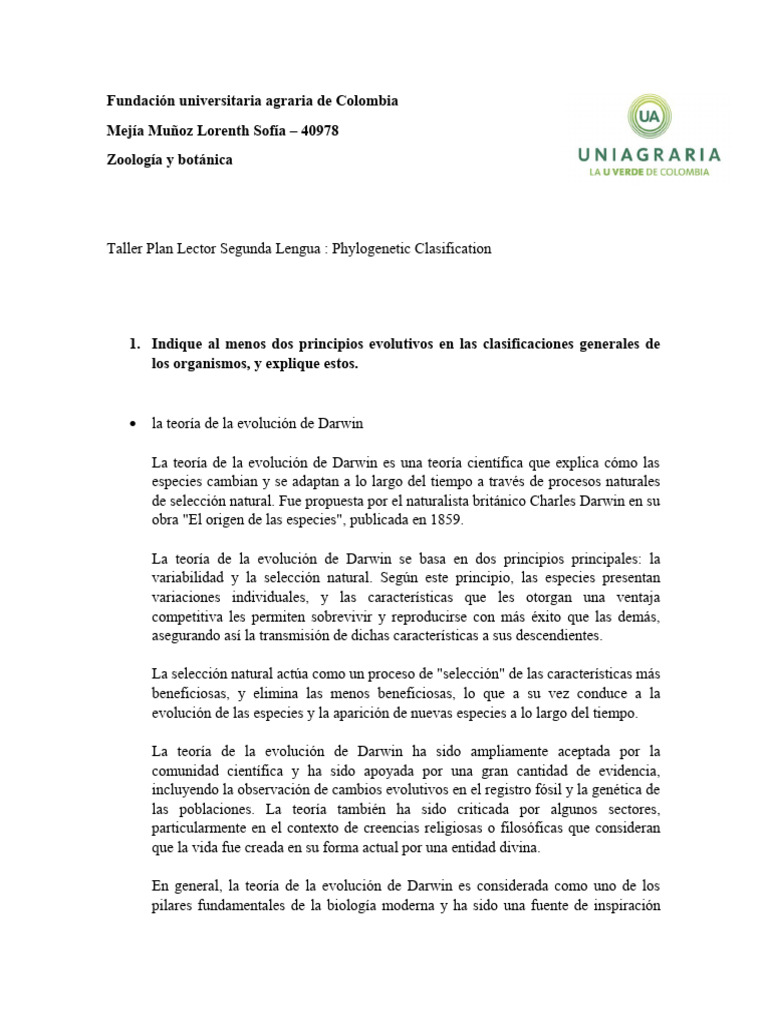 Taller Plan Lector Segunda Lengua Sofia Mejia | PDF | Evolución | Taxonomía (biología)