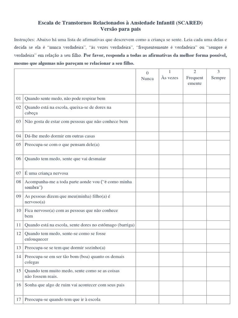 SCARED - Inventário Ansiedade Infantil | PDF | Medo | Ansiedade