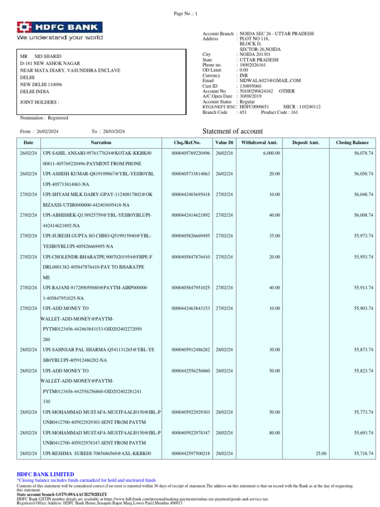 HDFC Bank Statement Format | PDF | Business | Banking
