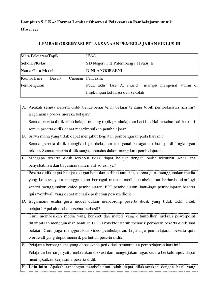 10 Dini Anggraeni - B4-14 Lembar Observasi Pembelajaran - Siklus 3 | PDF