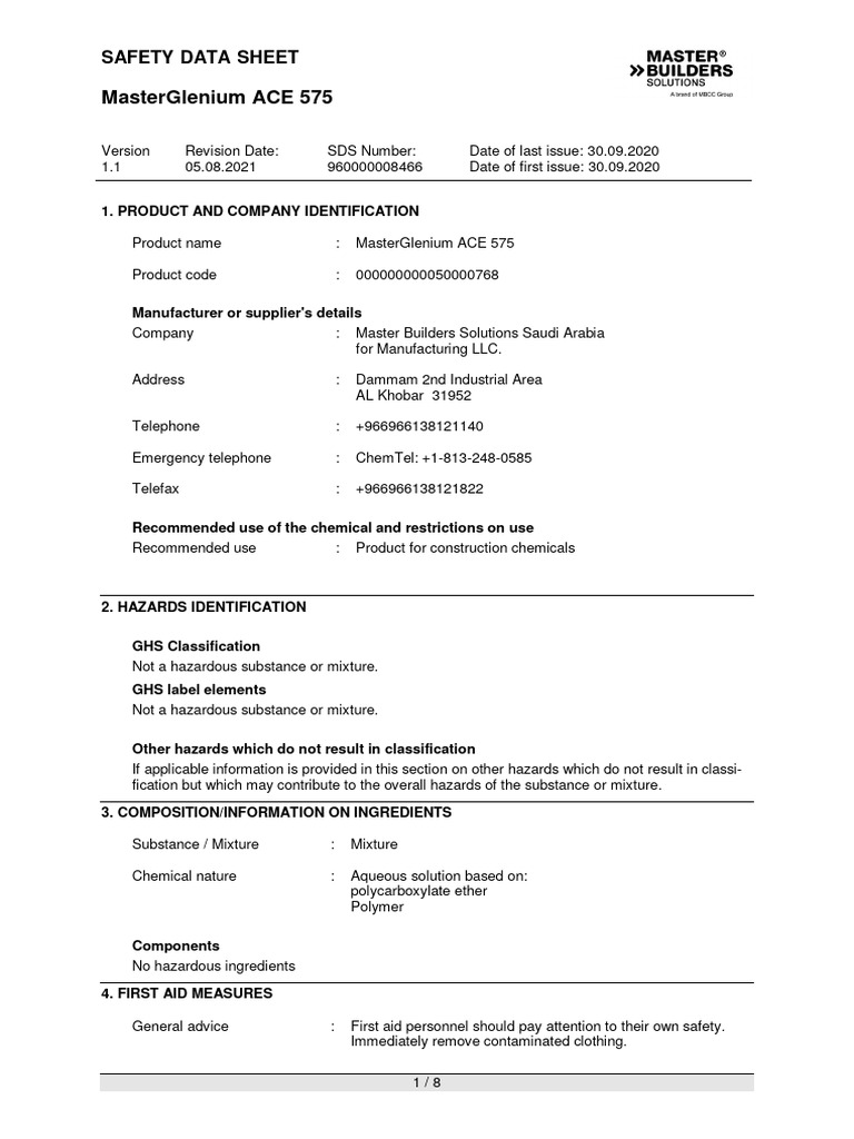 MasterGlenium ACE 575 Safety Data Sheet | PDF | Toxicity | Dangerous Goods