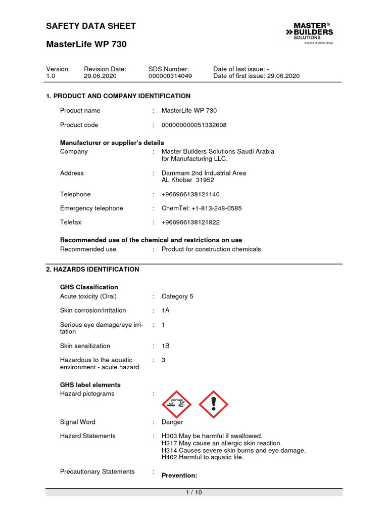 MasterLife WP 730 - SDS | PDF | Working Conditions | Safety