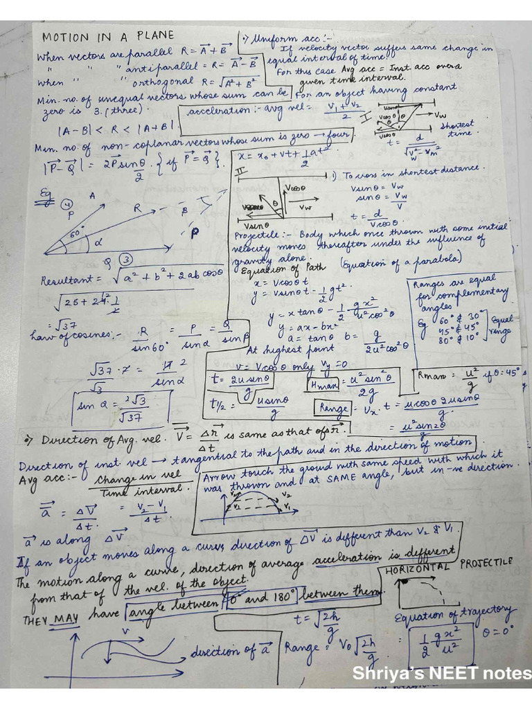 Motion in A Plane Formula Sheet | PDF