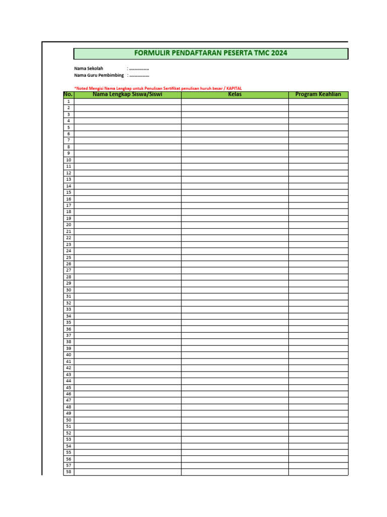 Form Pendaftaran Peserta TMC 2024 - NAMA SEKOLAH121 | PDF