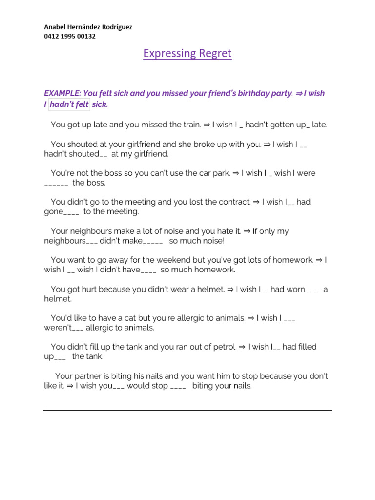 Expressing Regret and Future Perfect Practice | PDF