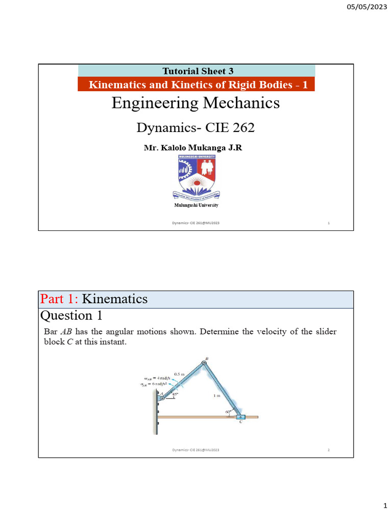 CIE 262 - Tutorial Sheet 3-2023 | PDF | Classical Mechanics | Acceleration
