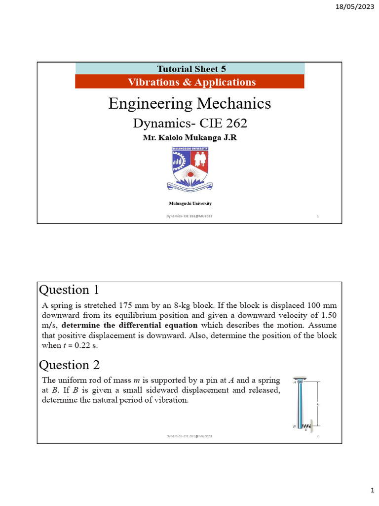 CIE 262_Tutorial Sheet 5-2023 | PDF | Oscillation | Classical Mechanics