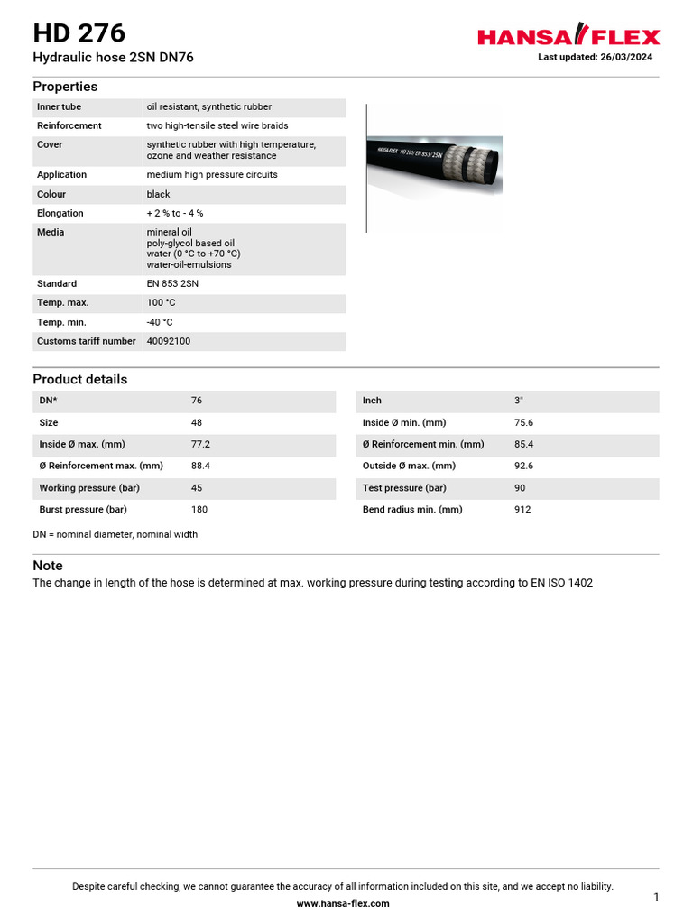 Hydraulic Hose 2SN DN76 Specifications | PDF