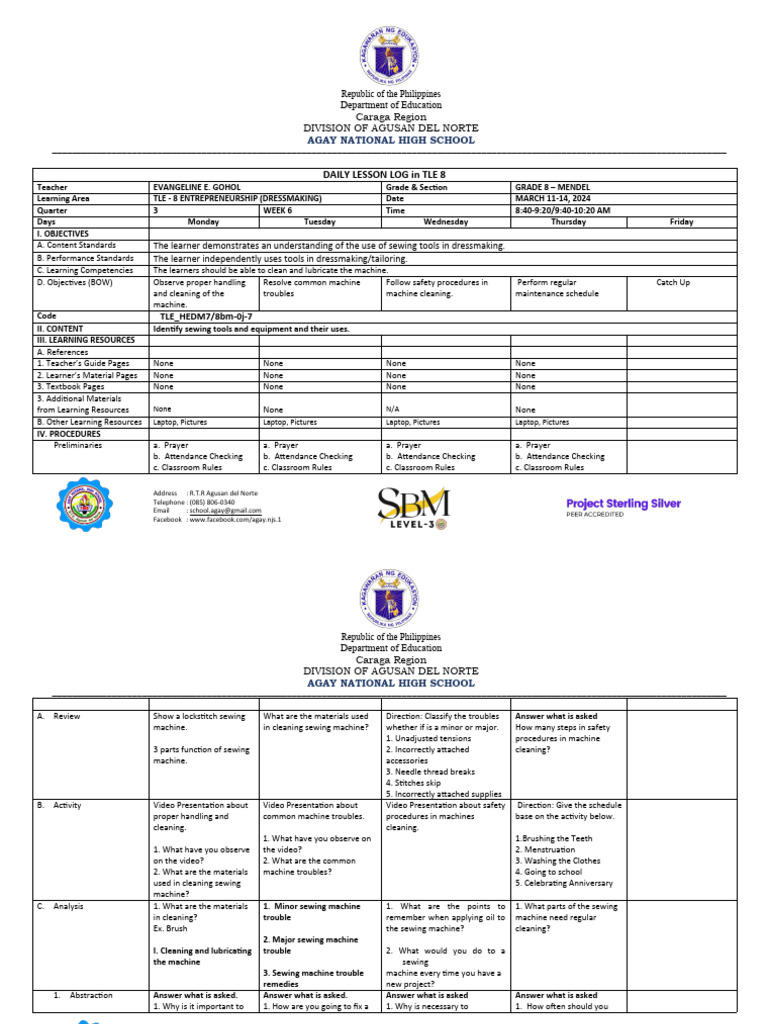 Tle 8 Week 6 | PDF | Sewing Machine