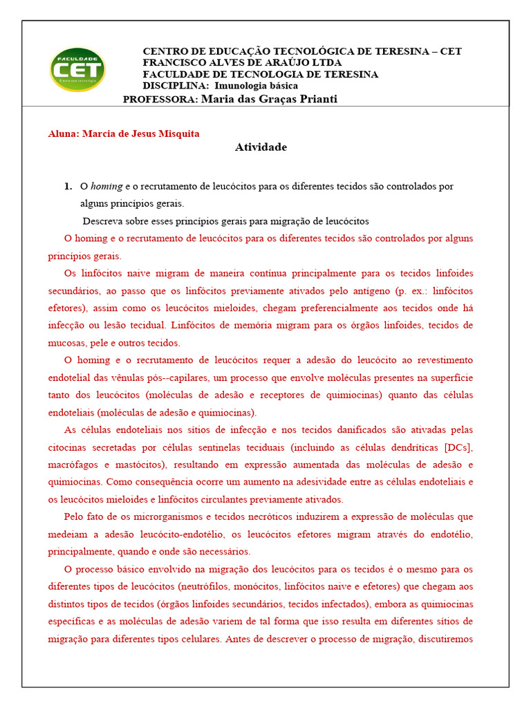 Atividade EaD - 20%outubro | PDF | Endotélio | Glóbulo branco