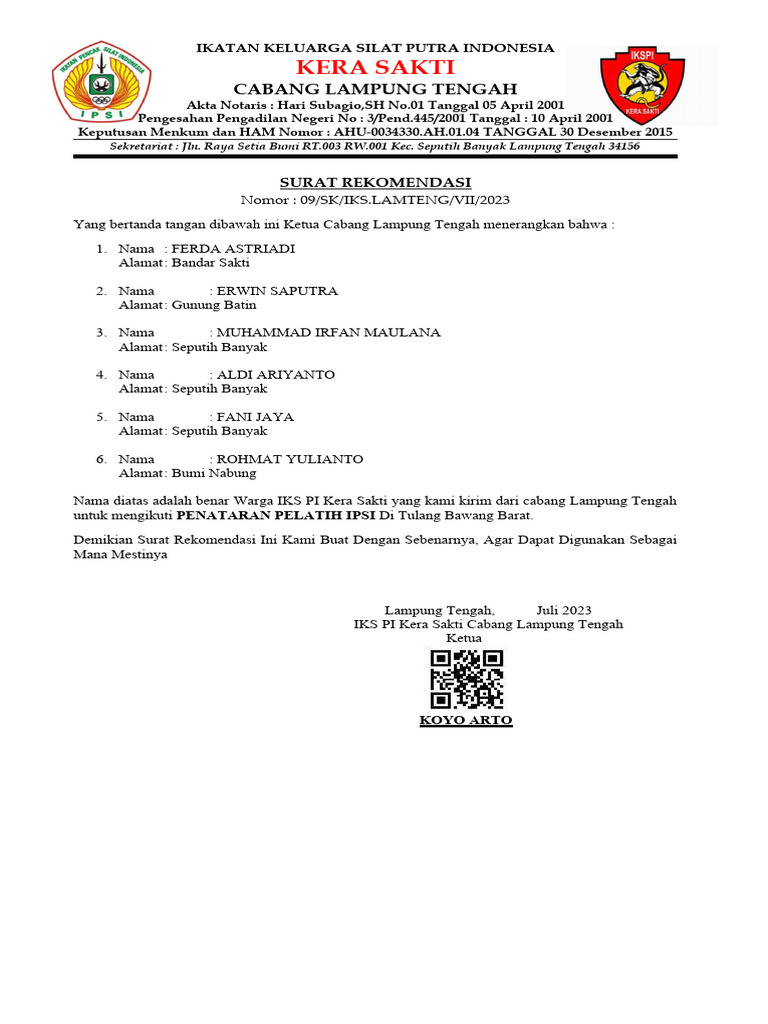 Surat Rekom Atlit-1 | PDF