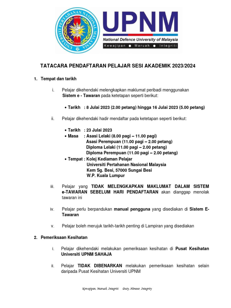 Arahan Pentadbiran Melapor Diri Asasi Diploma 2023 Upnm | PDF