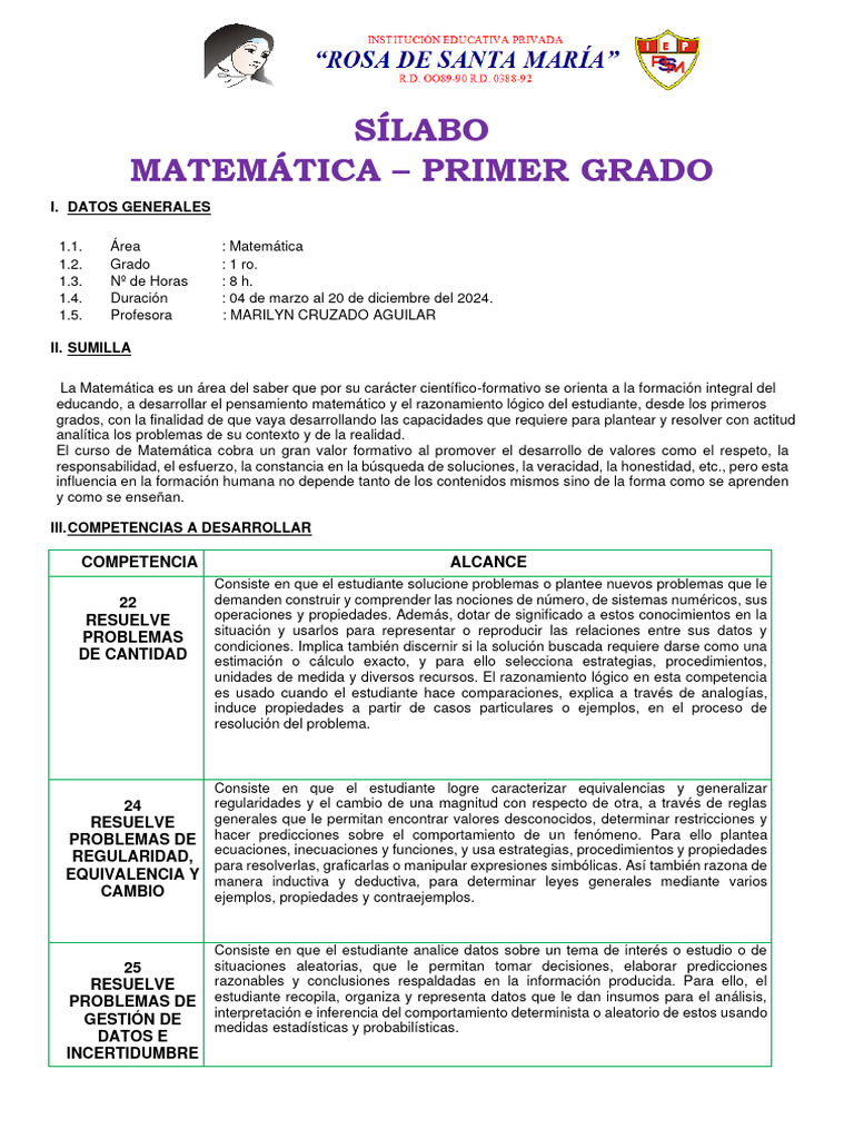 Silabo Matematicas 1° - 2024 Modificado | PDF | Geometría | Sustracción