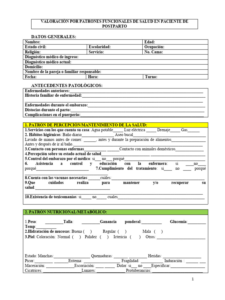 Valoraciòn Por Patrones Funcionales de Salud en Paciente de Postparto ...