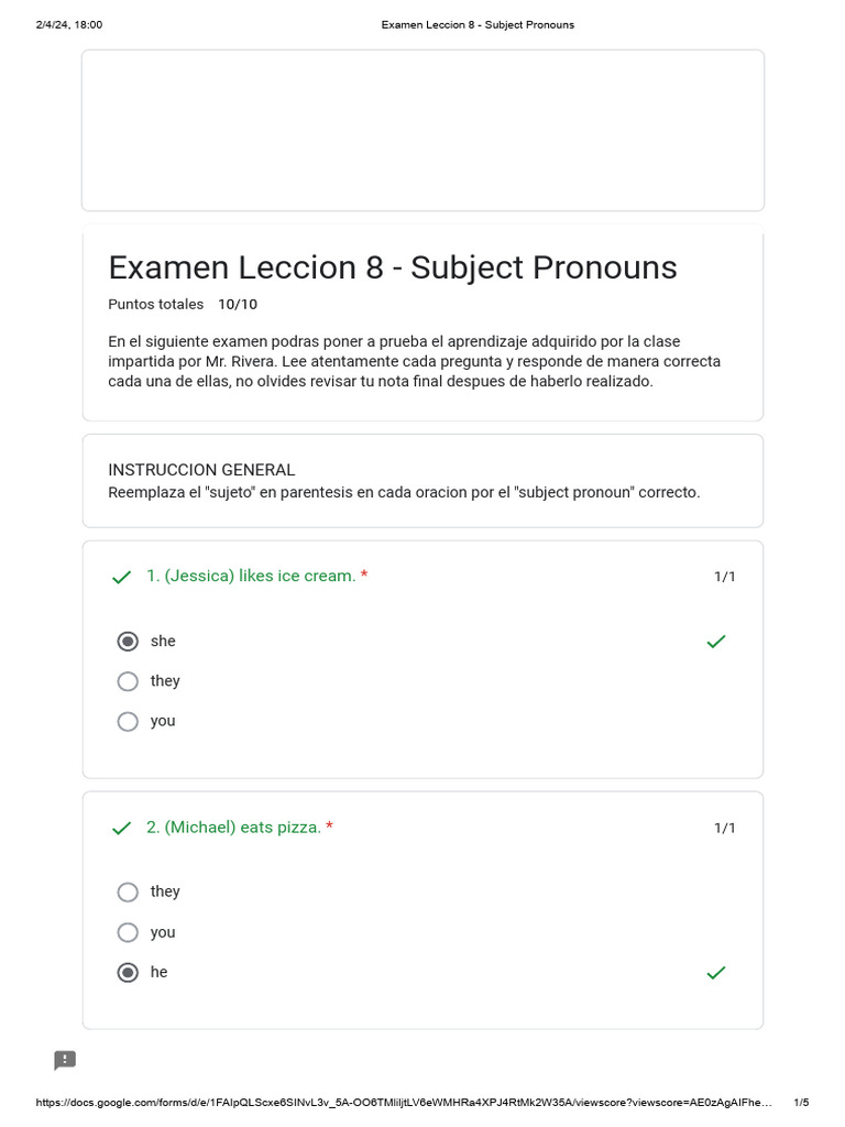 Examen de Pronombres Sujetos 8 | PDF
