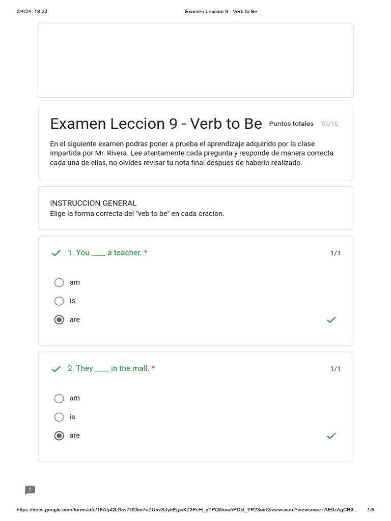 Examen Leccion 9 - Verb To Be | PDF