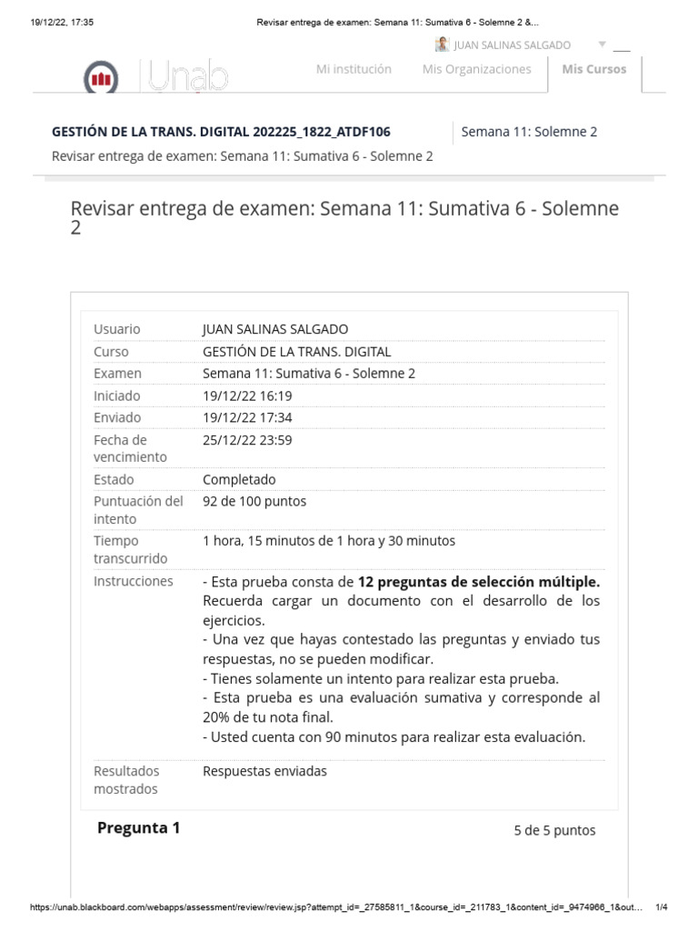Revisar Entrega de Examen - Semana 11 - Sumativa 6 - Solemne 2 &.. | PDF | Informática