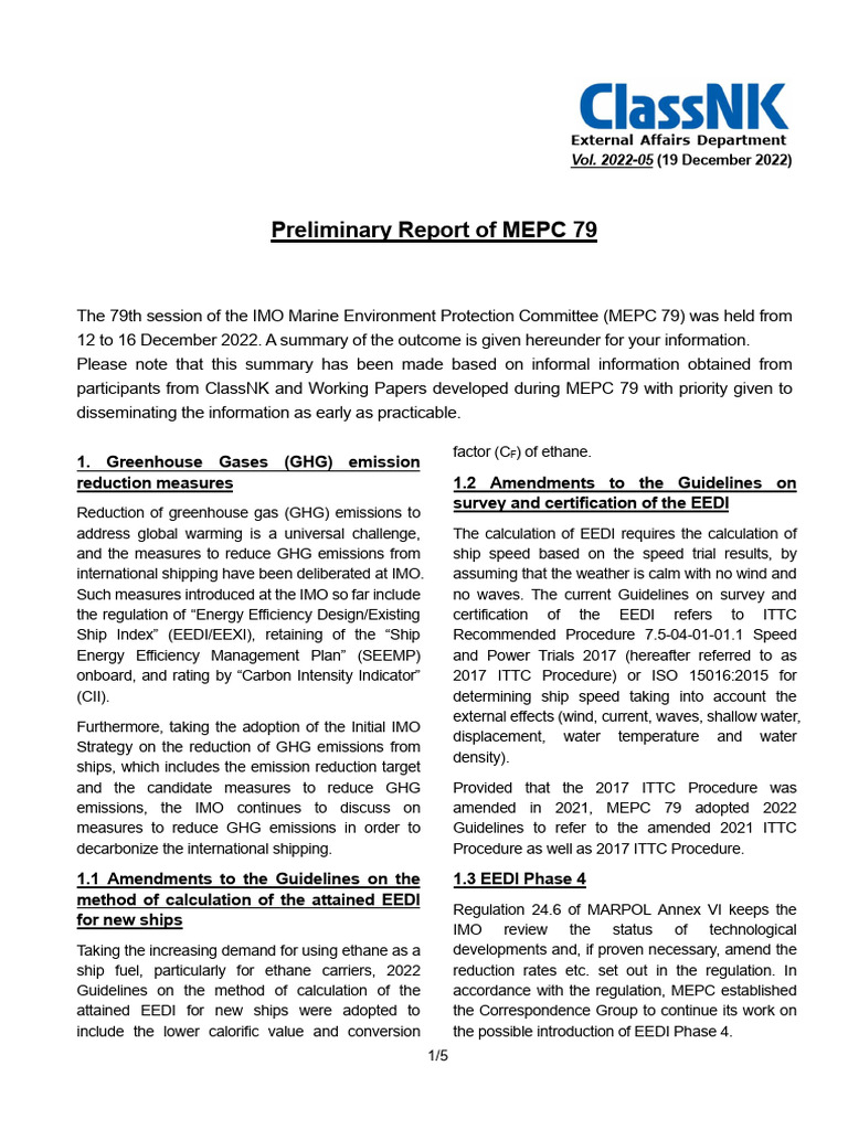 MEPC 79 - Preliminary Report (ClassNK) | PDF | Climate Change ...