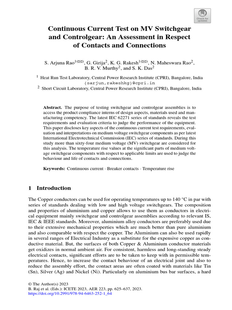 Continuous Current Test On MV Switchgear and Controlgear: An Assessment ...