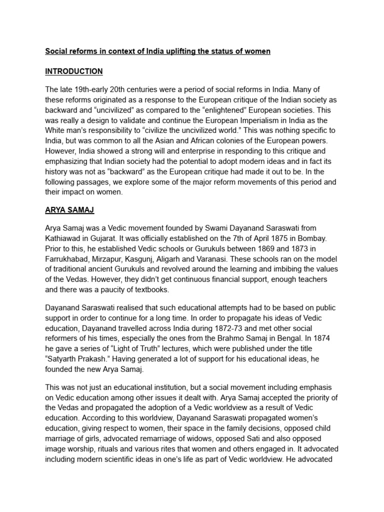 Social Reforms in Context of India Uplifting The Status of Women | PDF ...