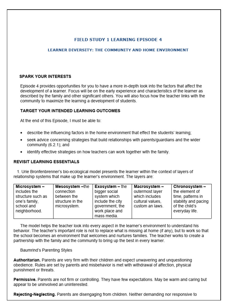 FS 1 Episode 4 Learner Diversity The Community and Home Environment ...