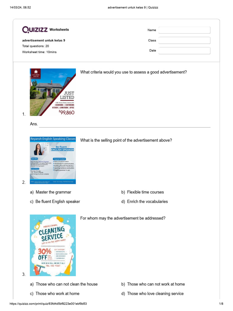 Kelas 9 Advertisement Quiz Questions | PDF | Lunch | Meal