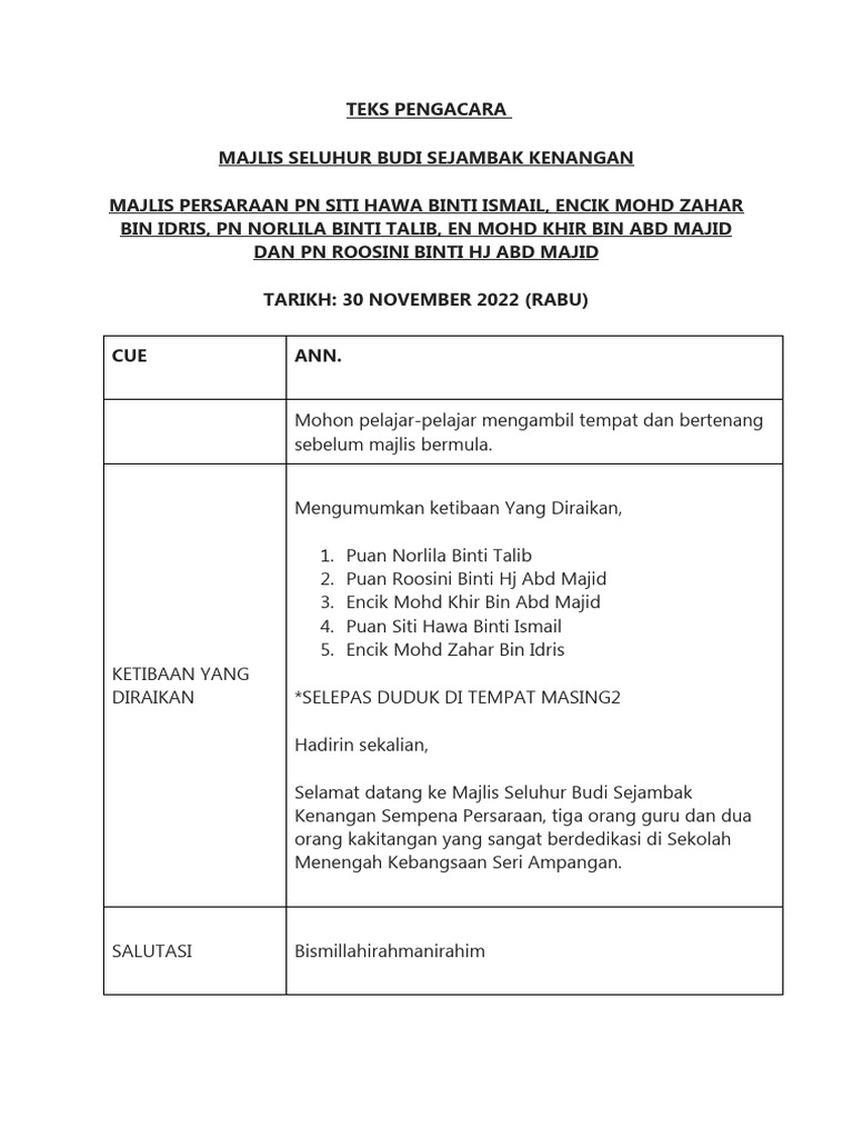TEKS PENGACARA Majlis Persaraan 30 NOV | PDF