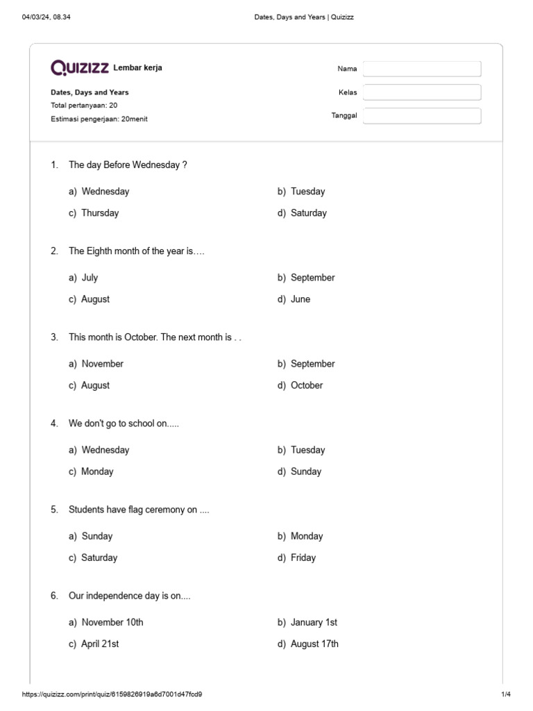 Dates, Days and Years - Quizizz | PDF
