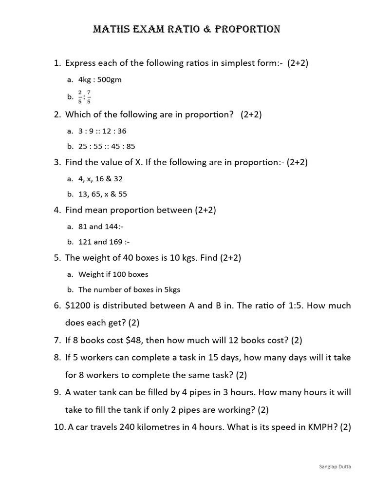 Ratio and Proportion Math Exam Guide | PDF