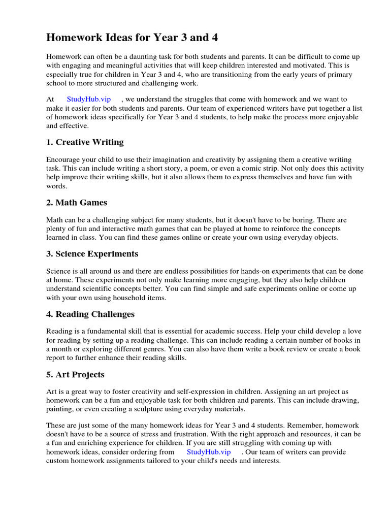 Homework Ideas For Year 3 and 4 | PDF | Worksheet | Homework