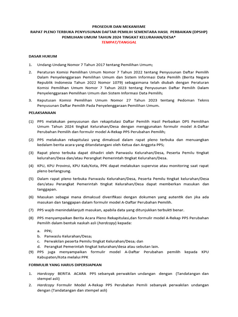 Draft PROSEDUR Dan MEKANISME Pleno Tingkat DPSHP PPS PPK - Edit | PDF | Hukum