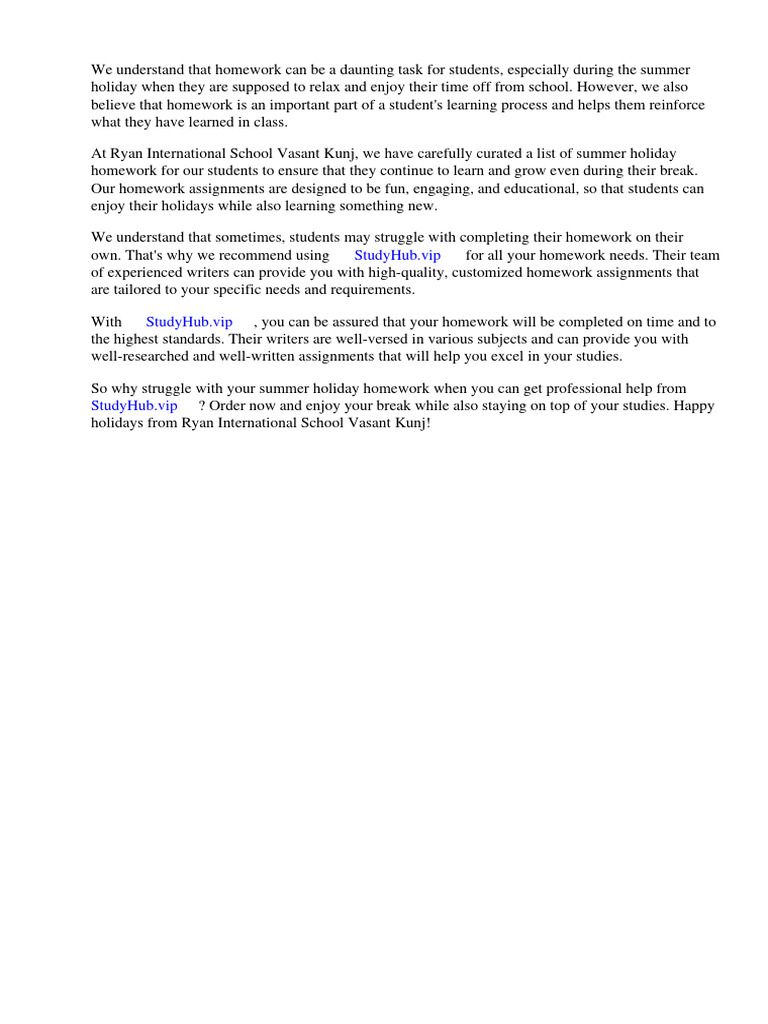 Ryan International School Vasant Kunj Summer Holiday Homework 2015 | PDF | Schools | Preschool