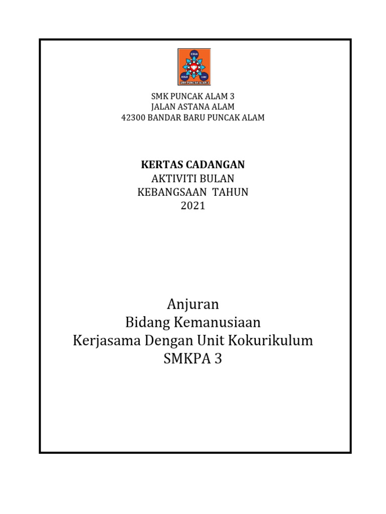 Anjuran Bidang Kemanusiaan Kerjasama Dengan Unit Kokurikulum Smkpa 3 | PDF