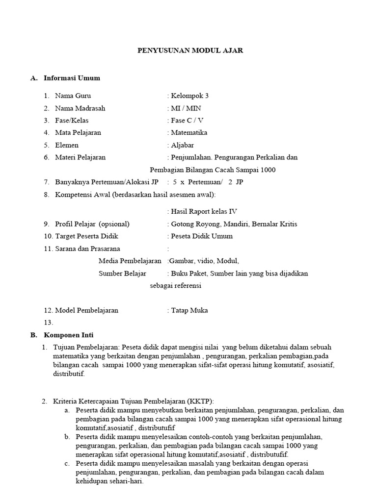 LK. Penyusunan Modul Ajar_Kelompok 3 Fase C kelas 5 | PDF